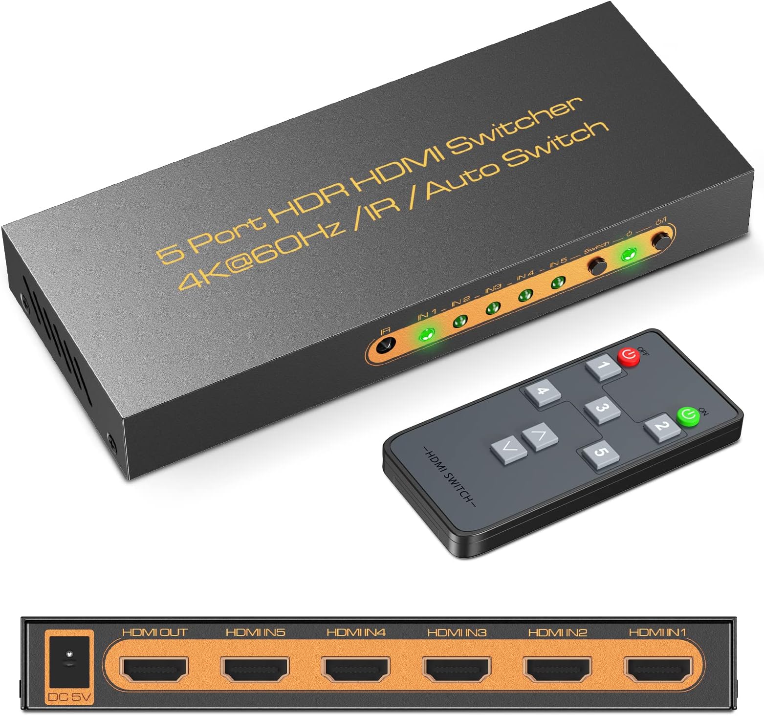 Amazon.com: HDMI Switch 4k@60hz Splitter, 5 in 1 Out with IR Remote ...