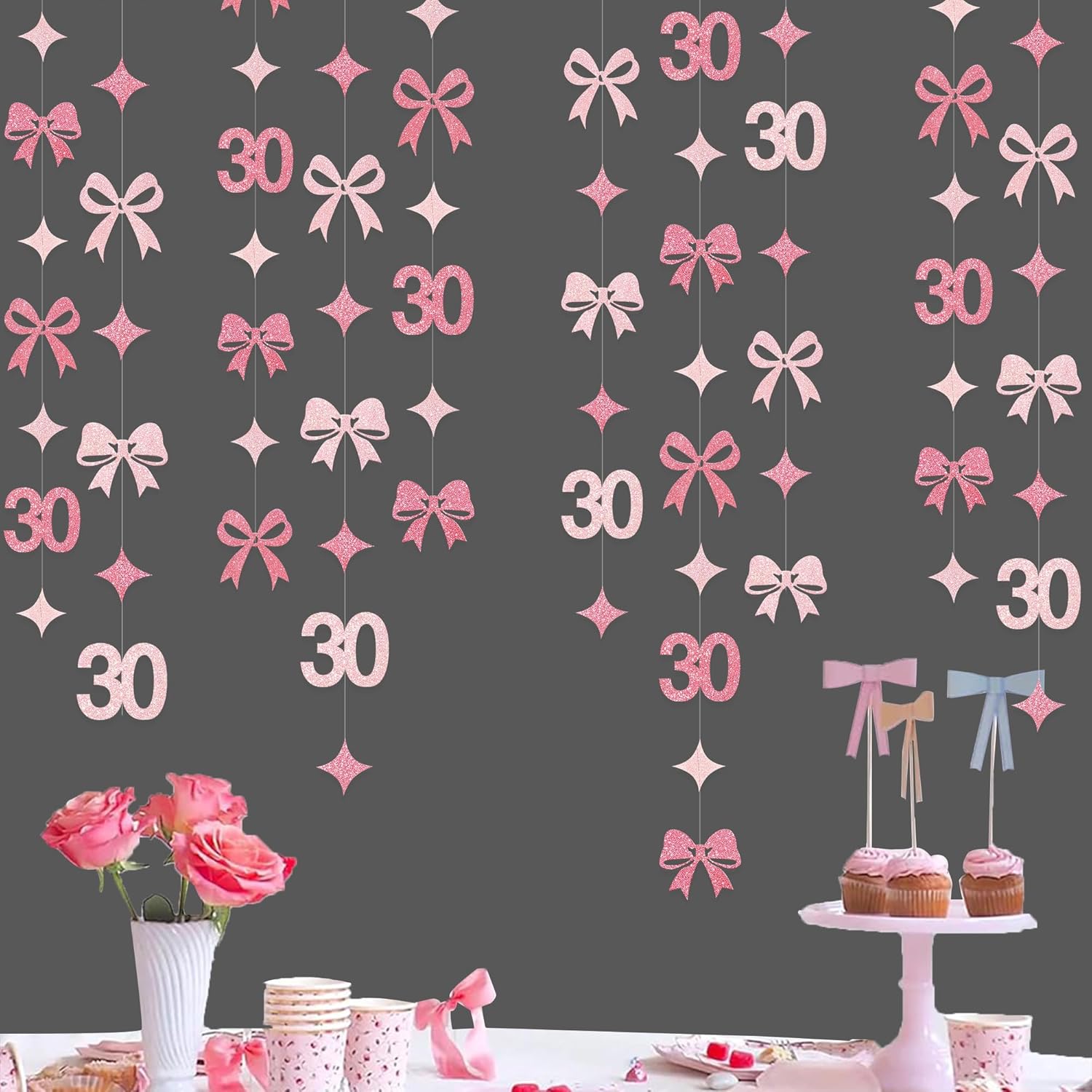 Amazon.com: Glitter Pink 30th Bow Birthday Decorations Hot Pink ...
