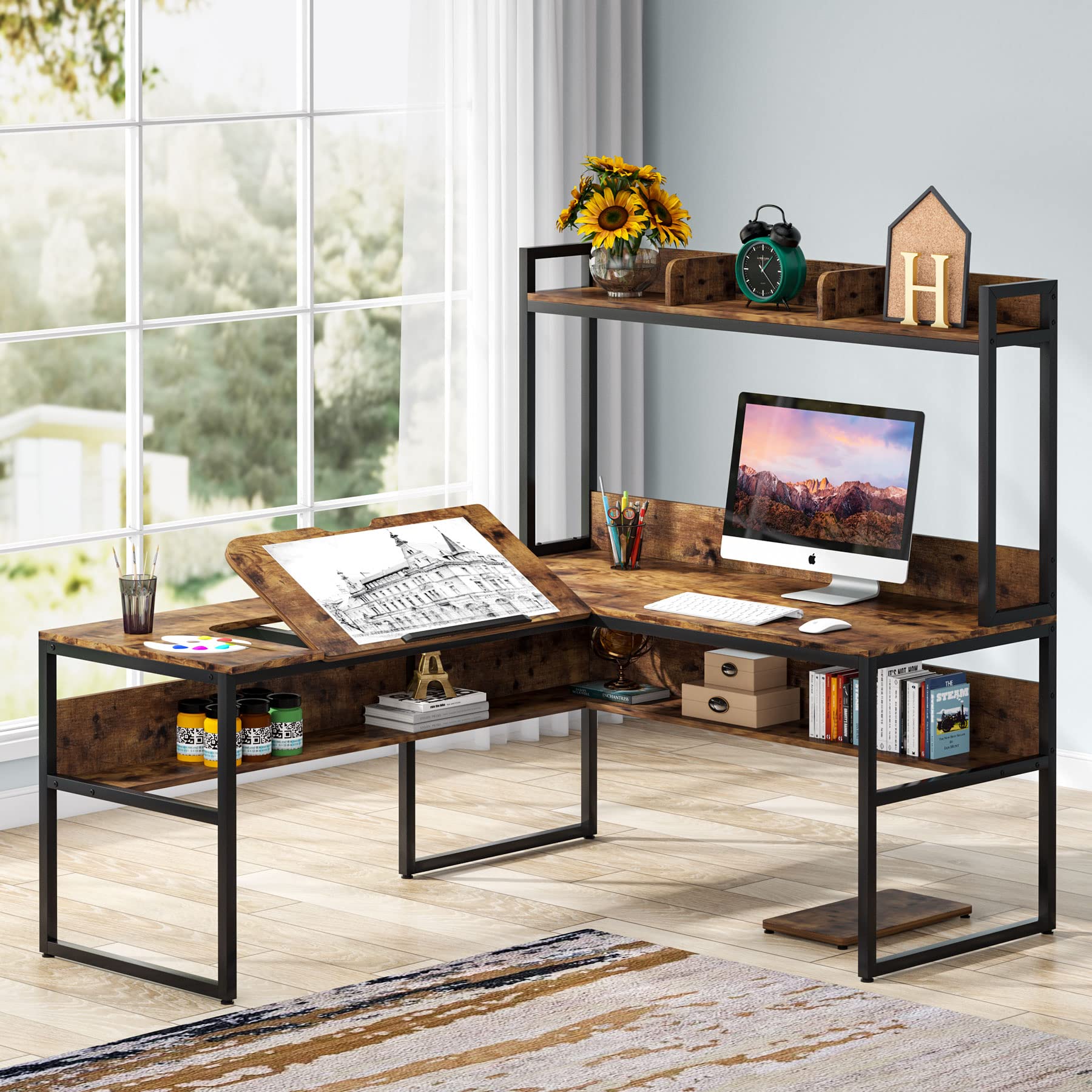 Buy TRIBESIGNS WAY TO ORIGIN L Shaped Desk with Hutch, 65” Corner ...