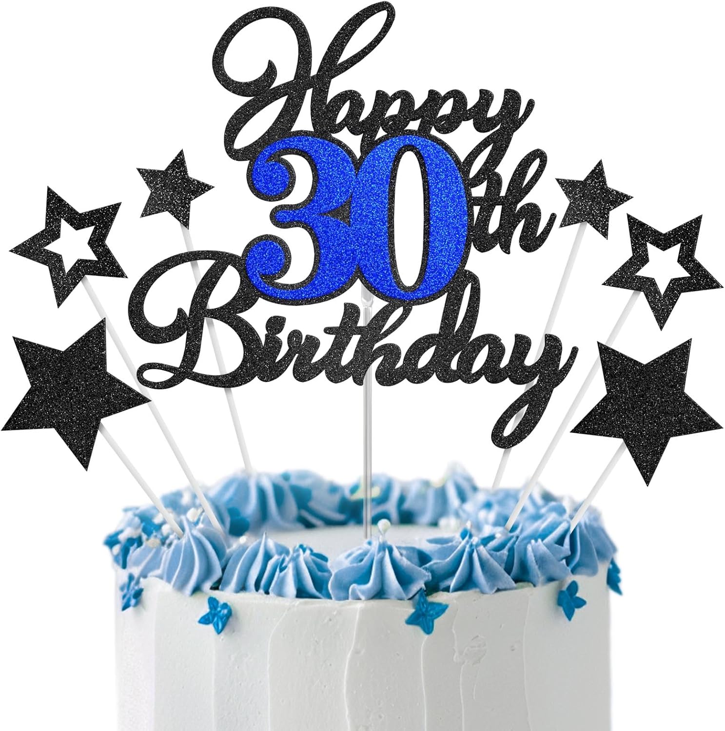 Amazon.com: Happy 30th Birthday Cake Toppers, Black Blue Glitter Cake ...