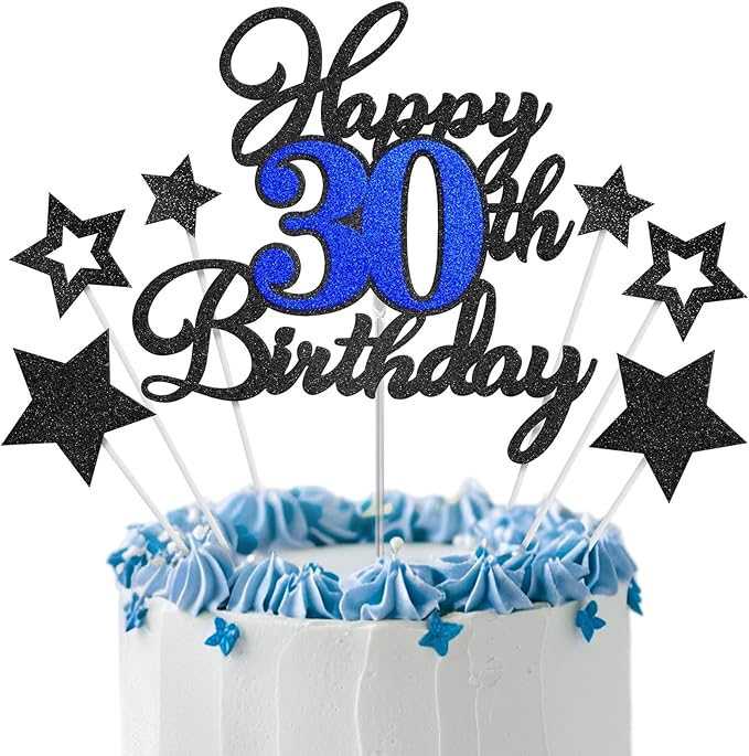 Amazon.com: Happy 30th Birthday Cake Toppers, Black Blue Glitter Cake ...