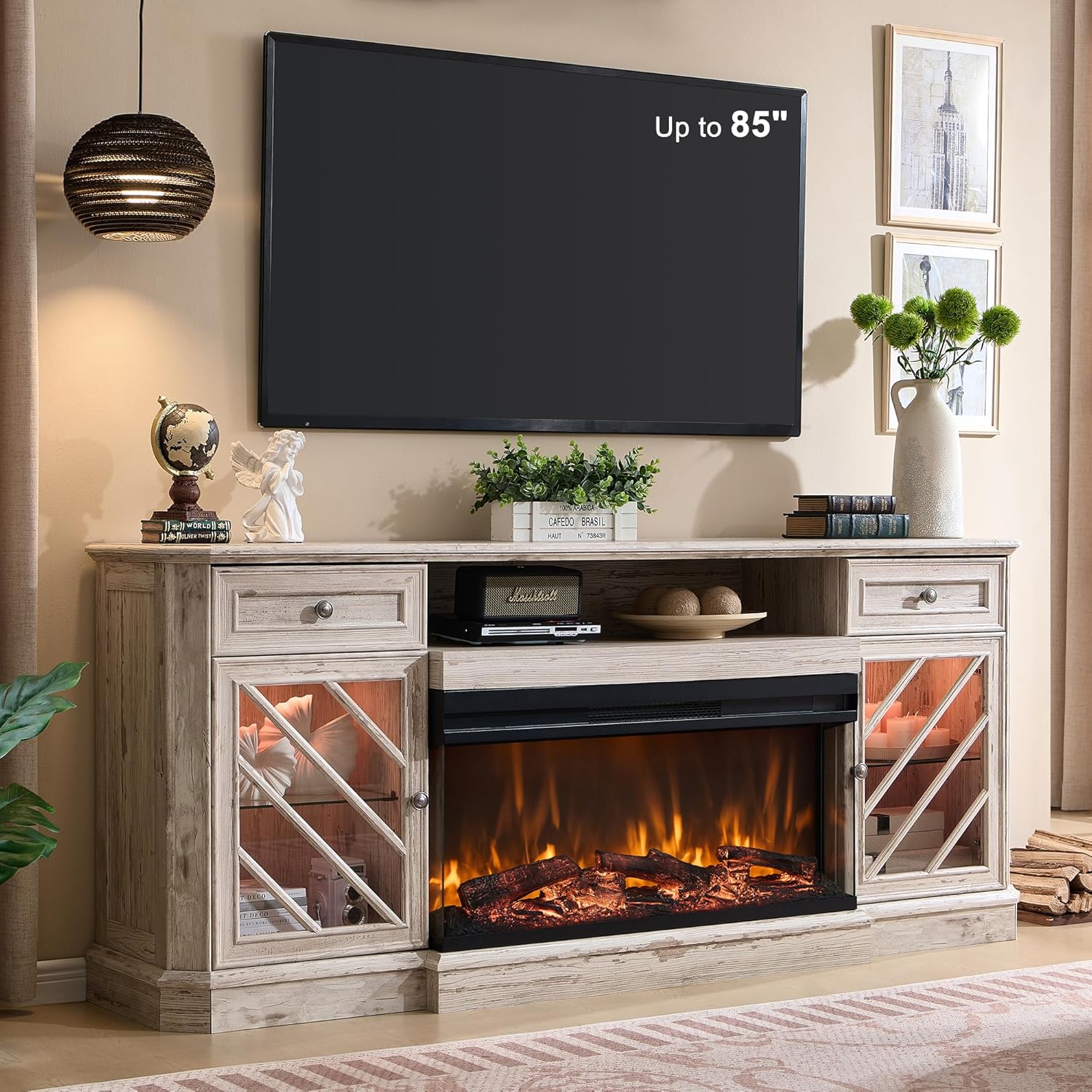 Amazon.com: OKD 75 Inch 3-Sided Electric Fireplace TV Stand for TVs up to 85'',Modern Highboy ...