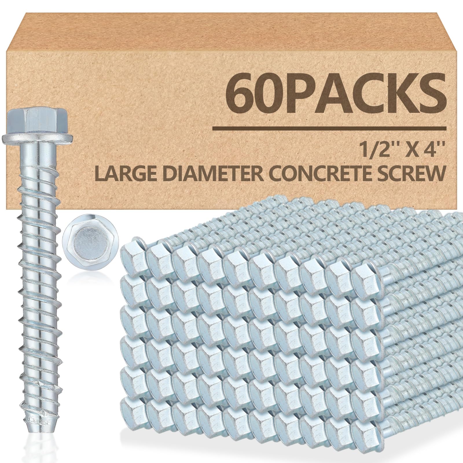 Snapklik.com : 60 Pack 1/2" X 4" Concrete Screw Anchor Galvanized Large ...