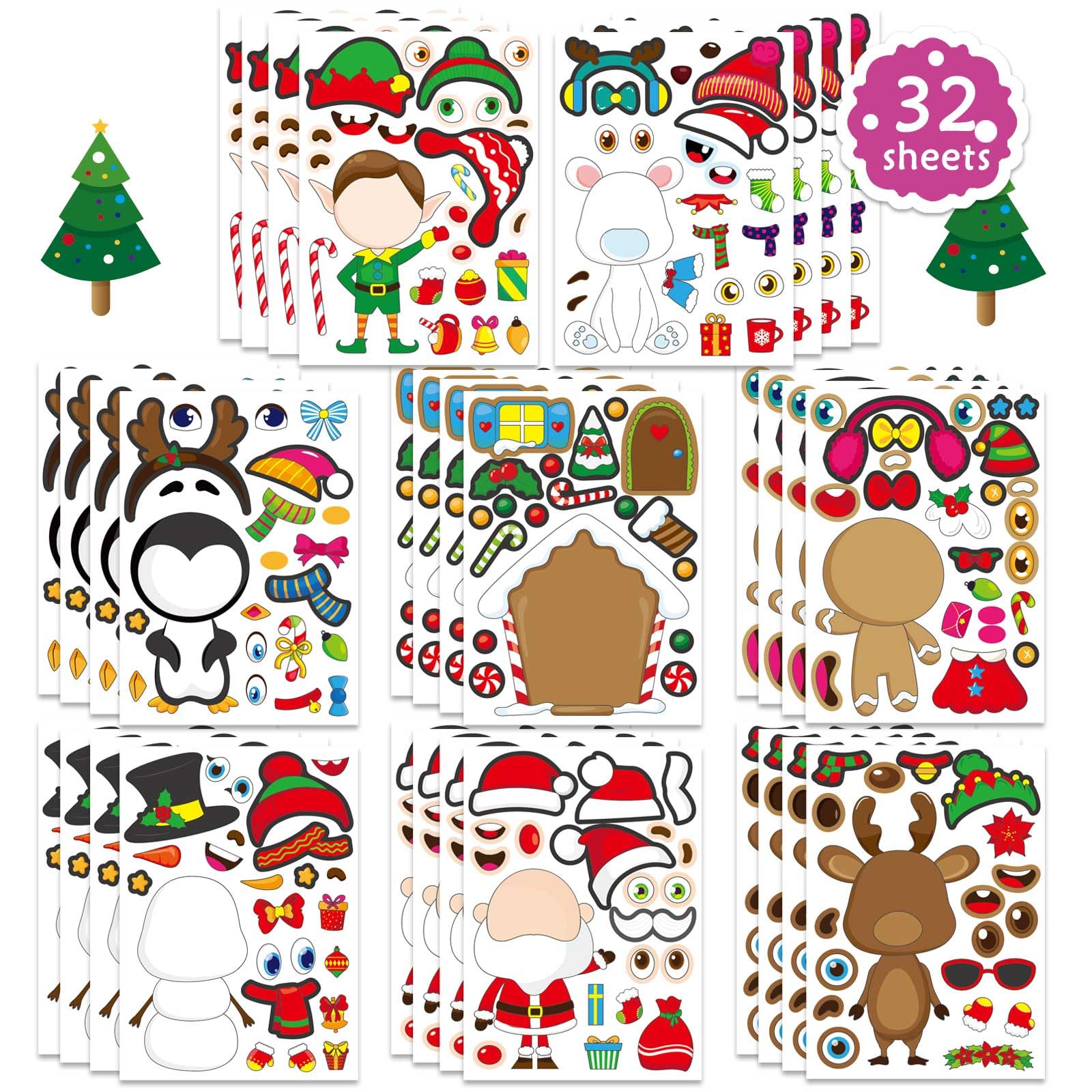 Amazon.com: 32 Sheets Christmas Stickers for Kids Toddlers Make-a-face ...