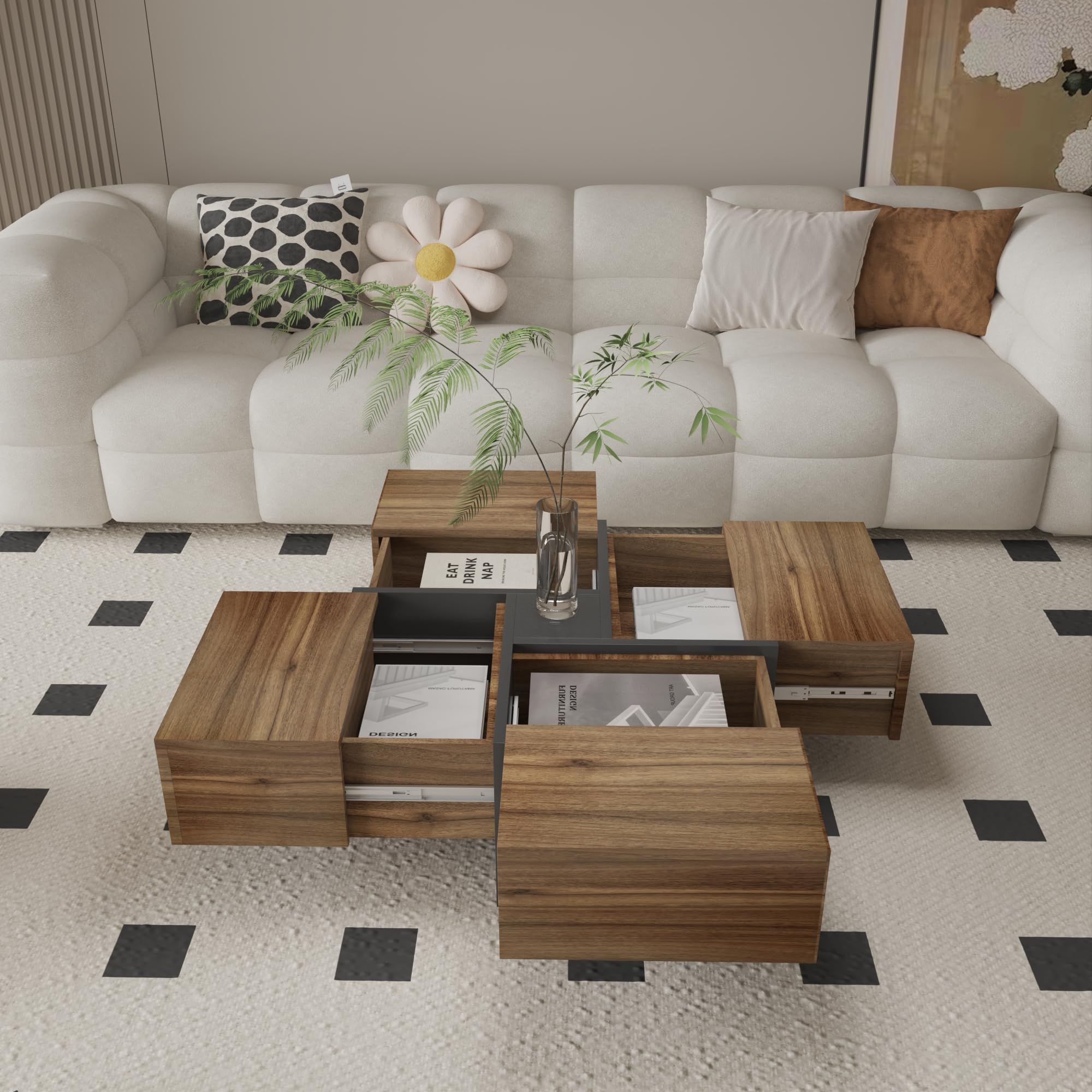 Modern Oak Style Square Coffee Table with 4 Drawers | 80x80x35 cm ...