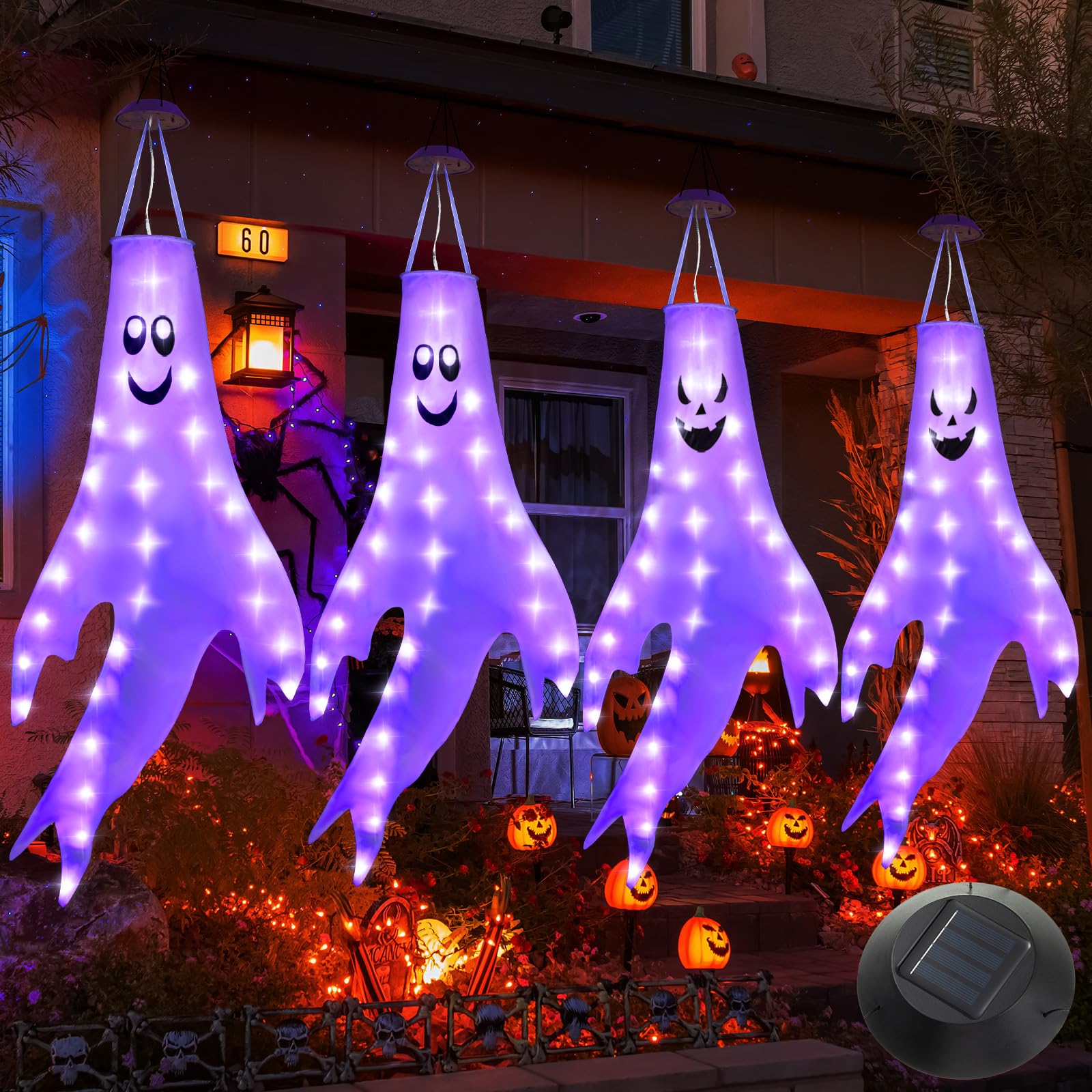 Snapklik.com : 4 Pack Halloween Ghost Windsocks, Solar Powered Glowing ...