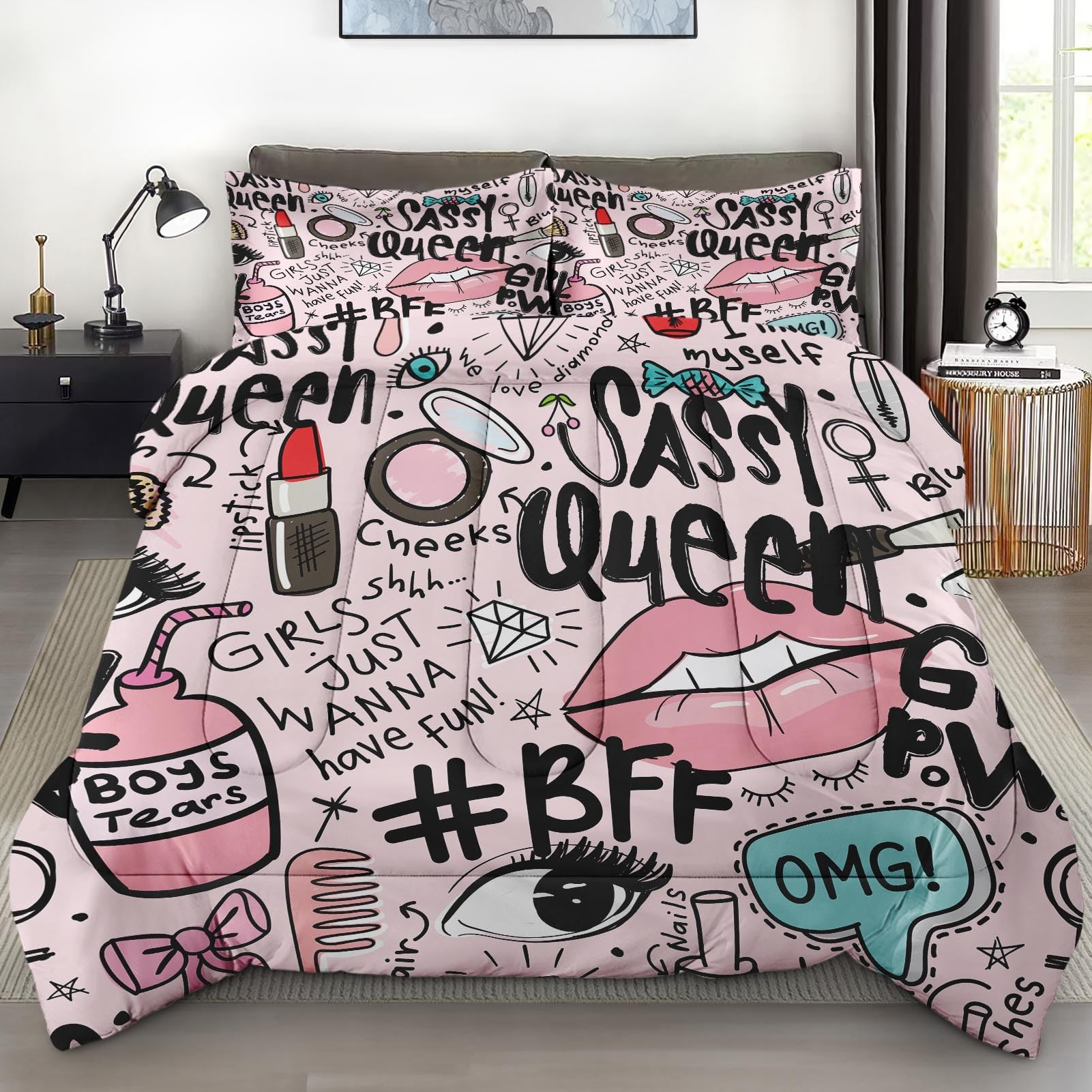Amazon.com: Pamnest Comforter Set Full Size, Makeup Pink Queen Soft ...
