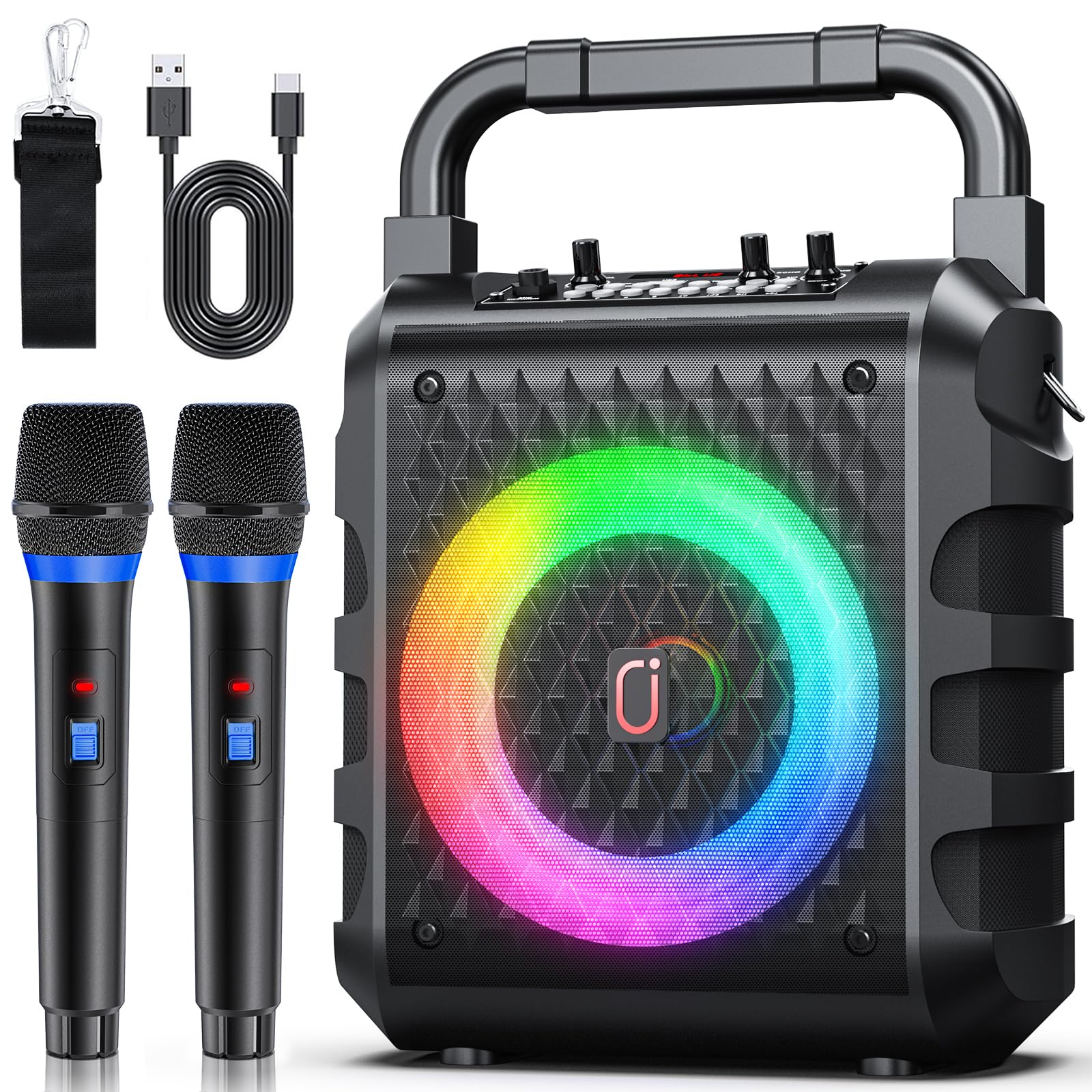 Buy Karaoke Machine with 2 Wireless Microphones, Portable Bluetooth 5.3 ...