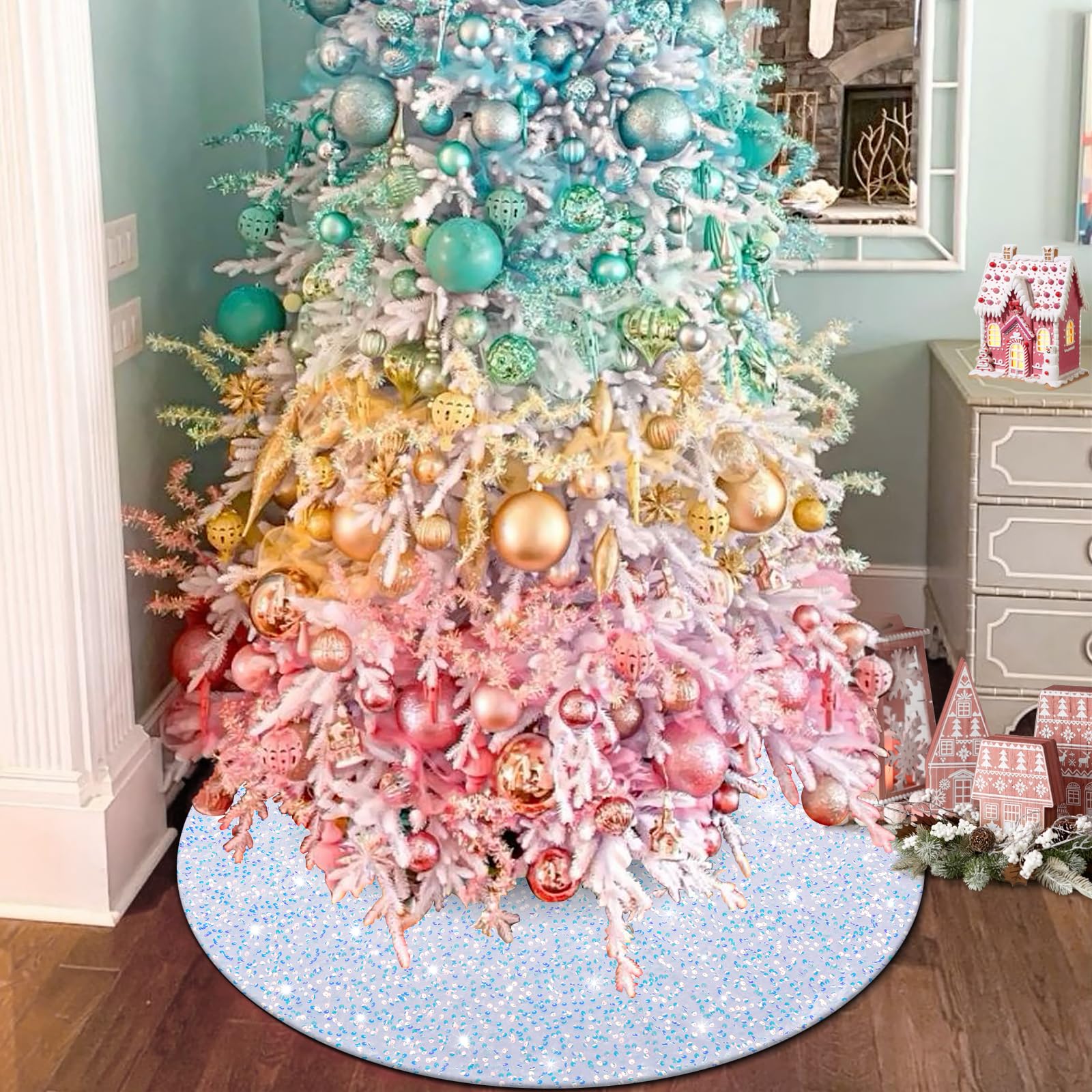 Amazon.com: yuboo Blue and White Iridescent Christmas Tree Skirt, Small ...