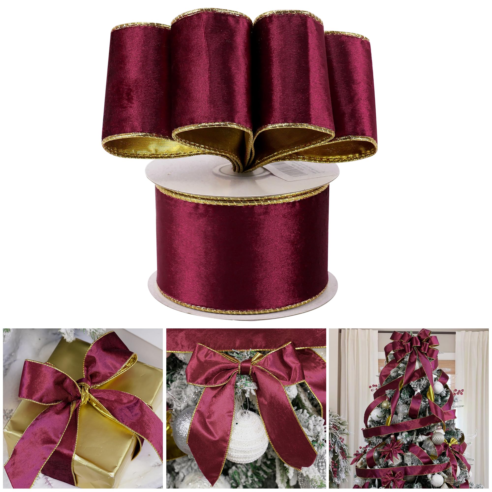 Amazon.com: AIMUDI Burgundy Christmas Velvet Ribbon Wired 2.5 Inch ...