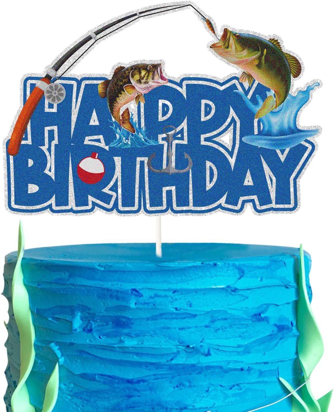 Amazon.com: PYQWA Fishing Themed Cake Topper, Blue Glitter - Happy ...