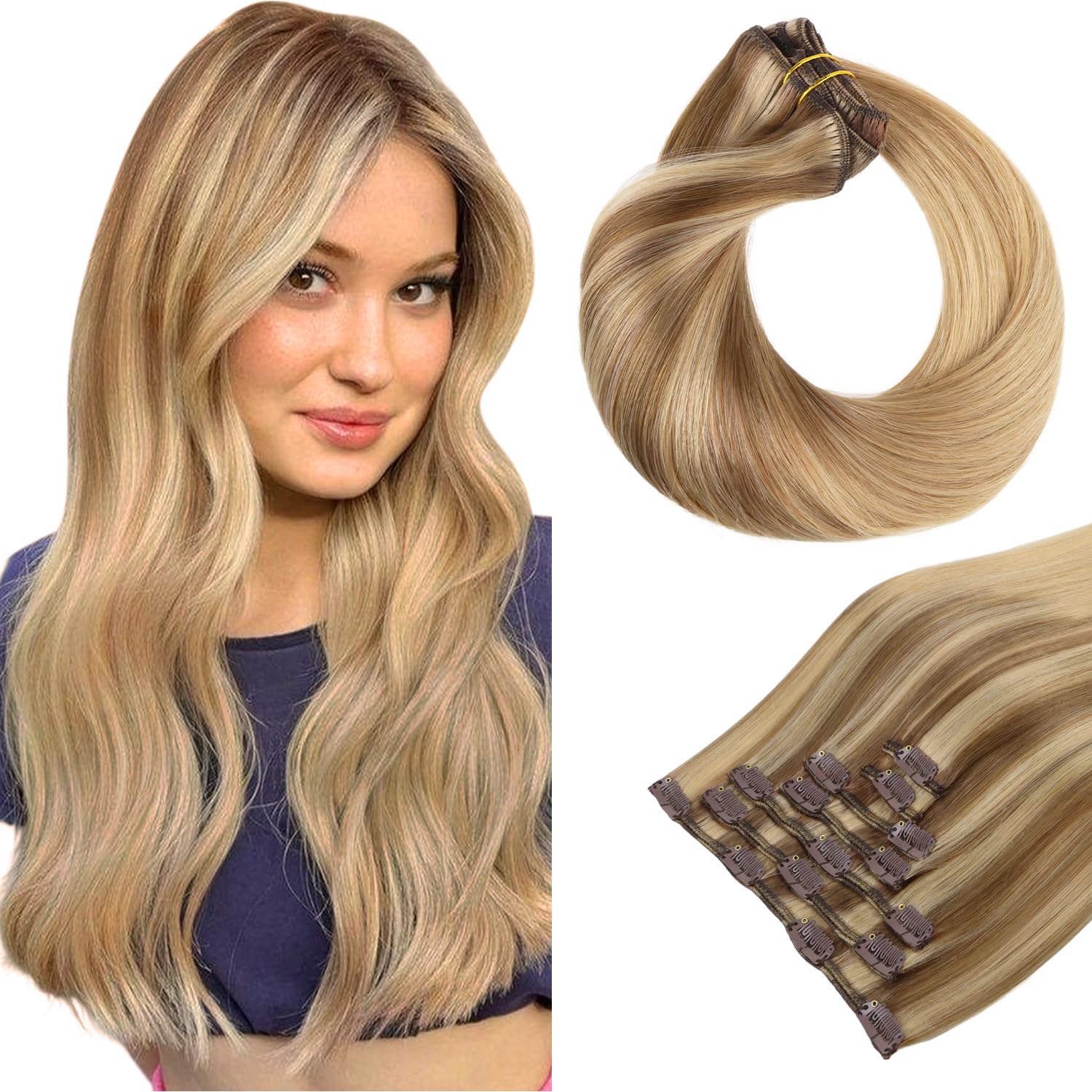 Amazon.com : HOTBANANA Human Hair Clip in Hair Extensions, Balayage ...