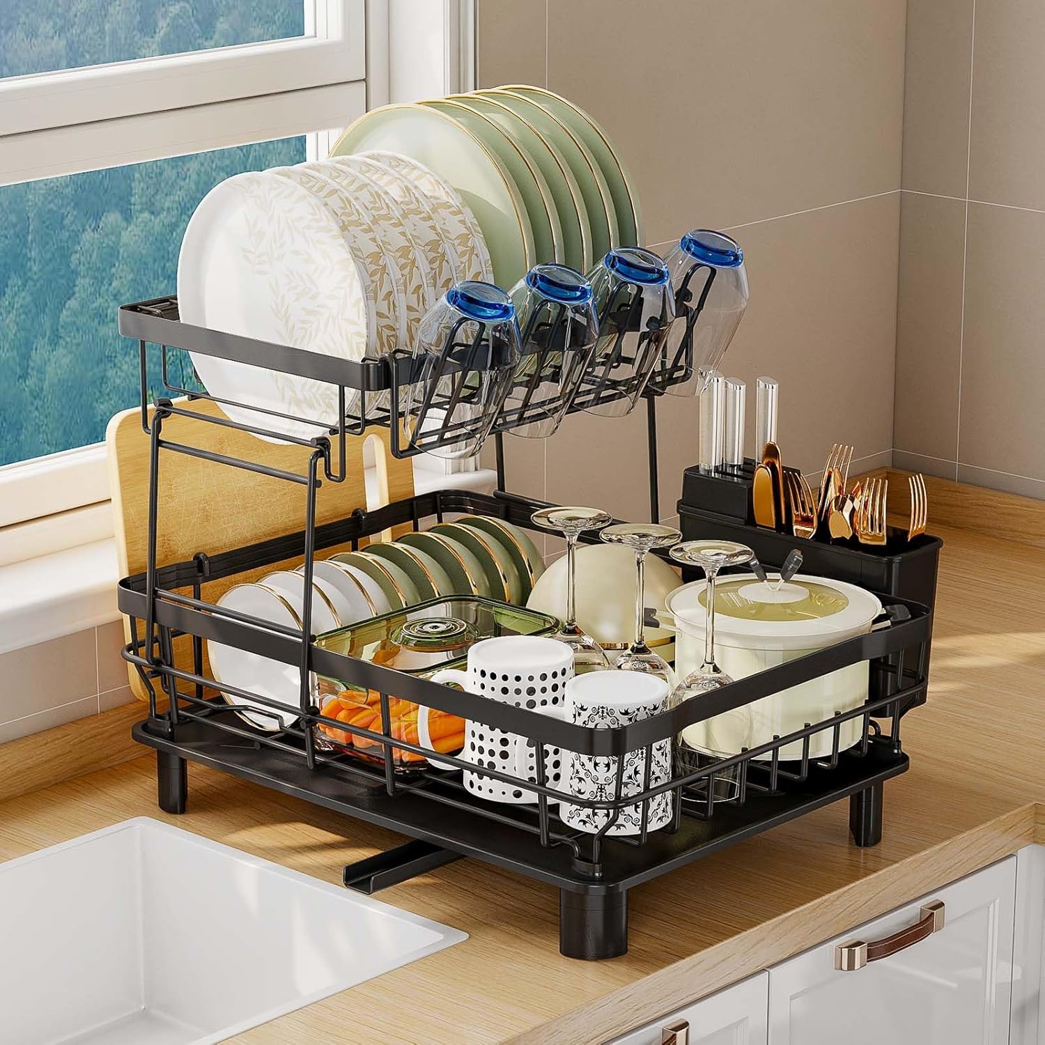 2 Tier Dish Drainer Rack for Kitchen with Drip Tray, Sink Drainer with ...