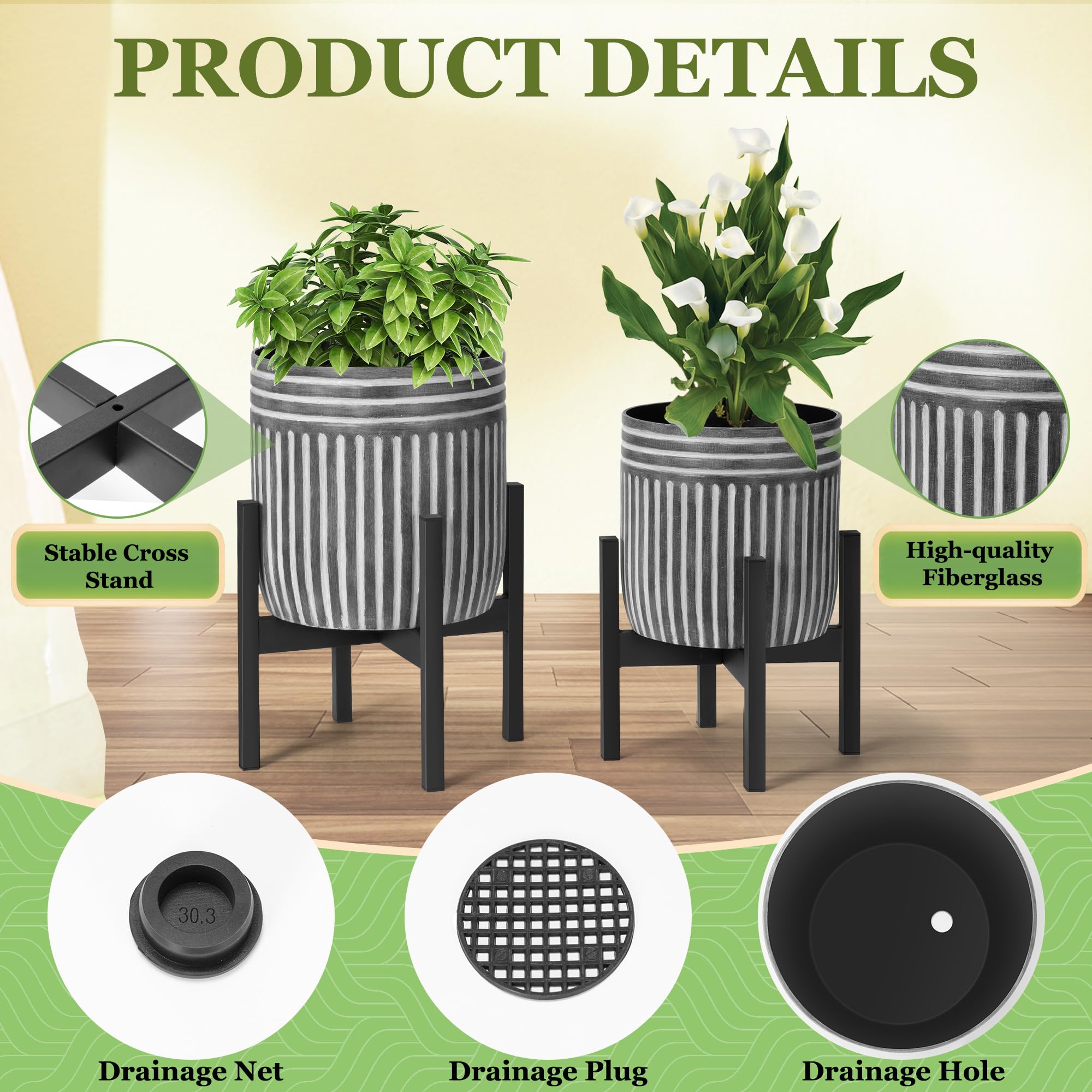 Plant Pot with Stand, Set of 2 Modern Flower Pots, Planters for Indoor ...