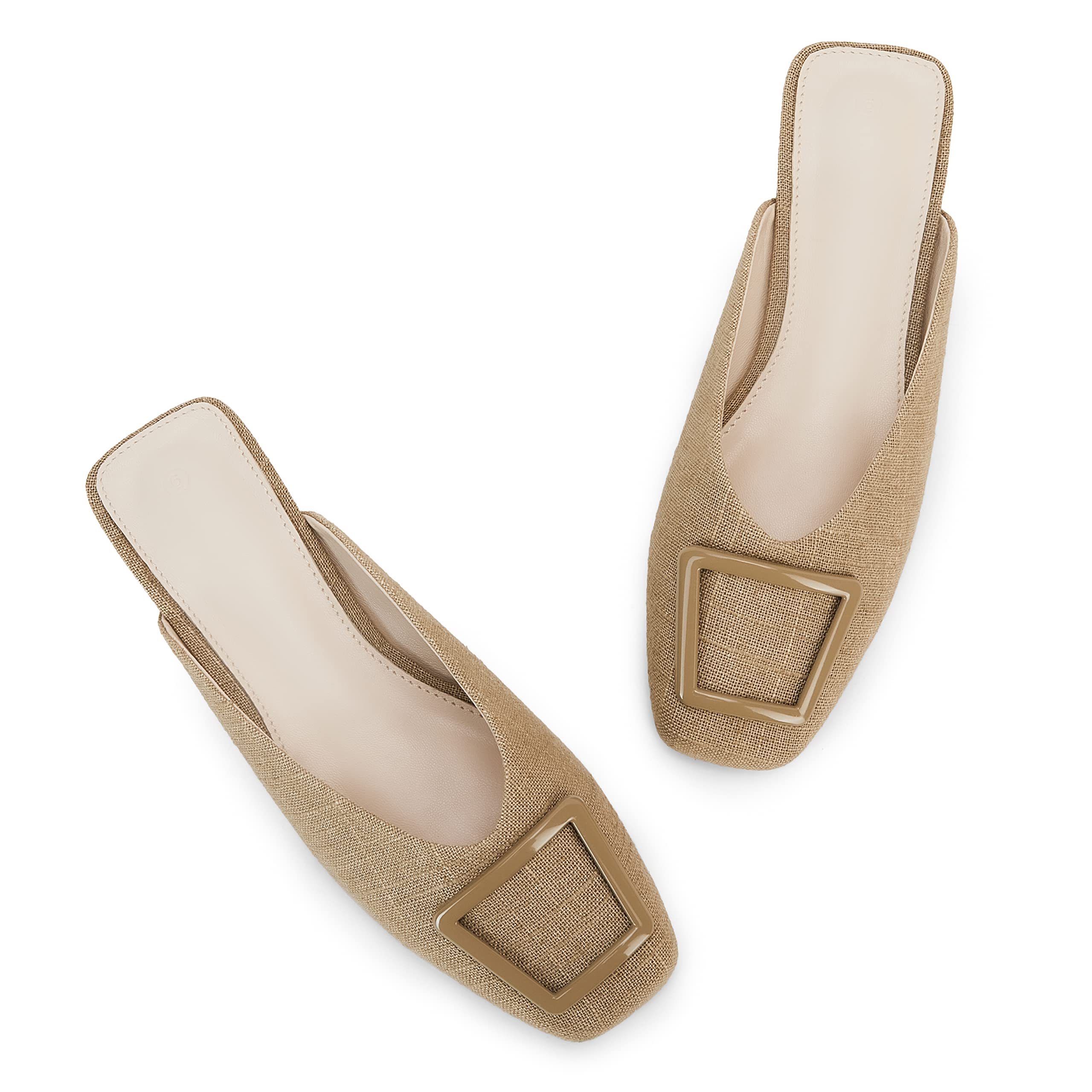 Women's Flat Linen Mules Ladies Square Buckle Decor Closed Square Toe ...