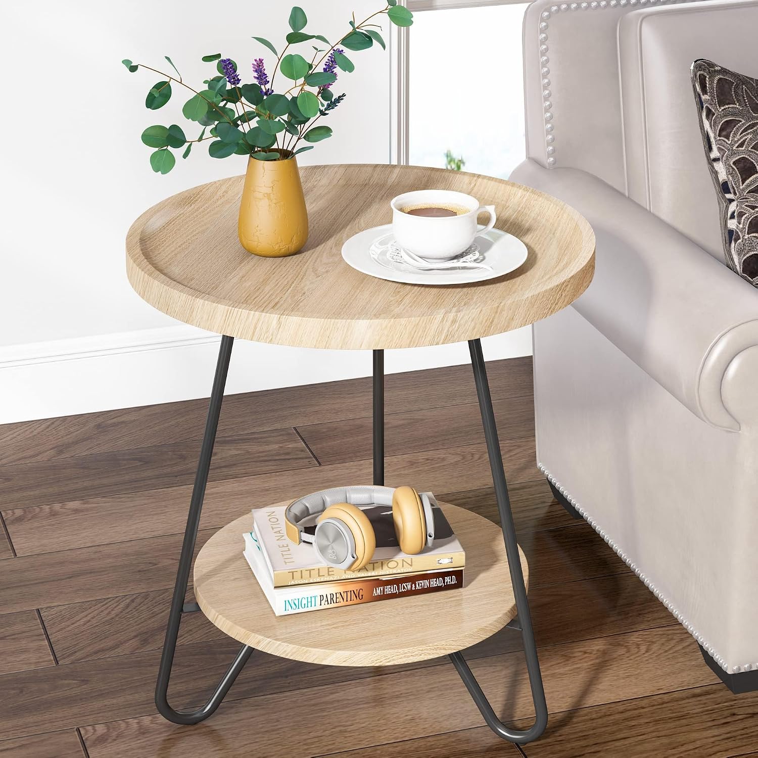 Amazon.com: Tribesigns Round Side Table, 2-Tier End Table with Metal ...