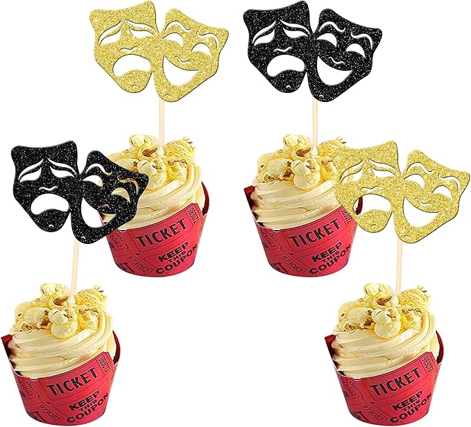 Amazon.com: 24 PCS Theatrical Mask Cupcake Toppers Glitter Comedy Movie ...