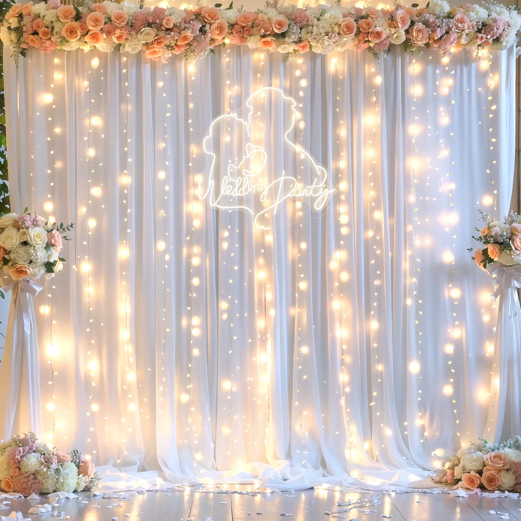 Amazon.com : 10x10ft White Chiffon Backdrop Curtain with Lights for ...