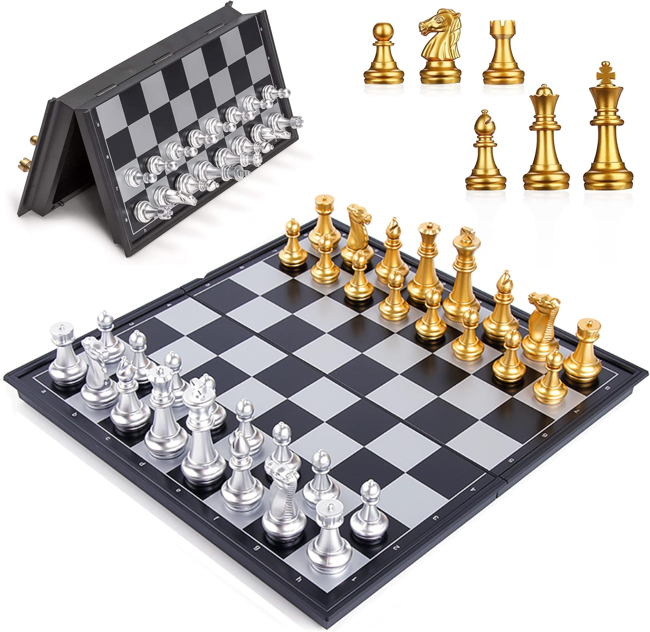 Foldable Magnetic Chess Set with Deluxe Gold and Silver Magnet Chess ...