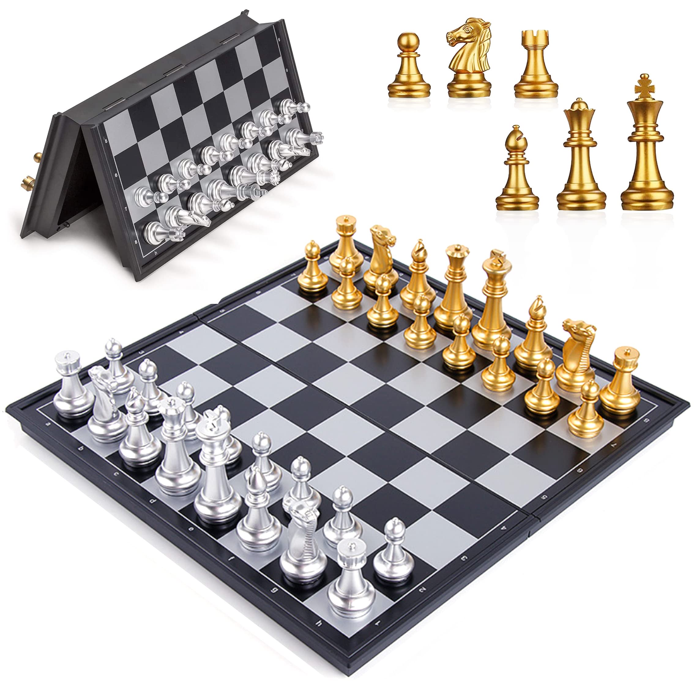 Foldable Magnetic Chess Set with Deluxe Gold and Silver Magnet Chess ...