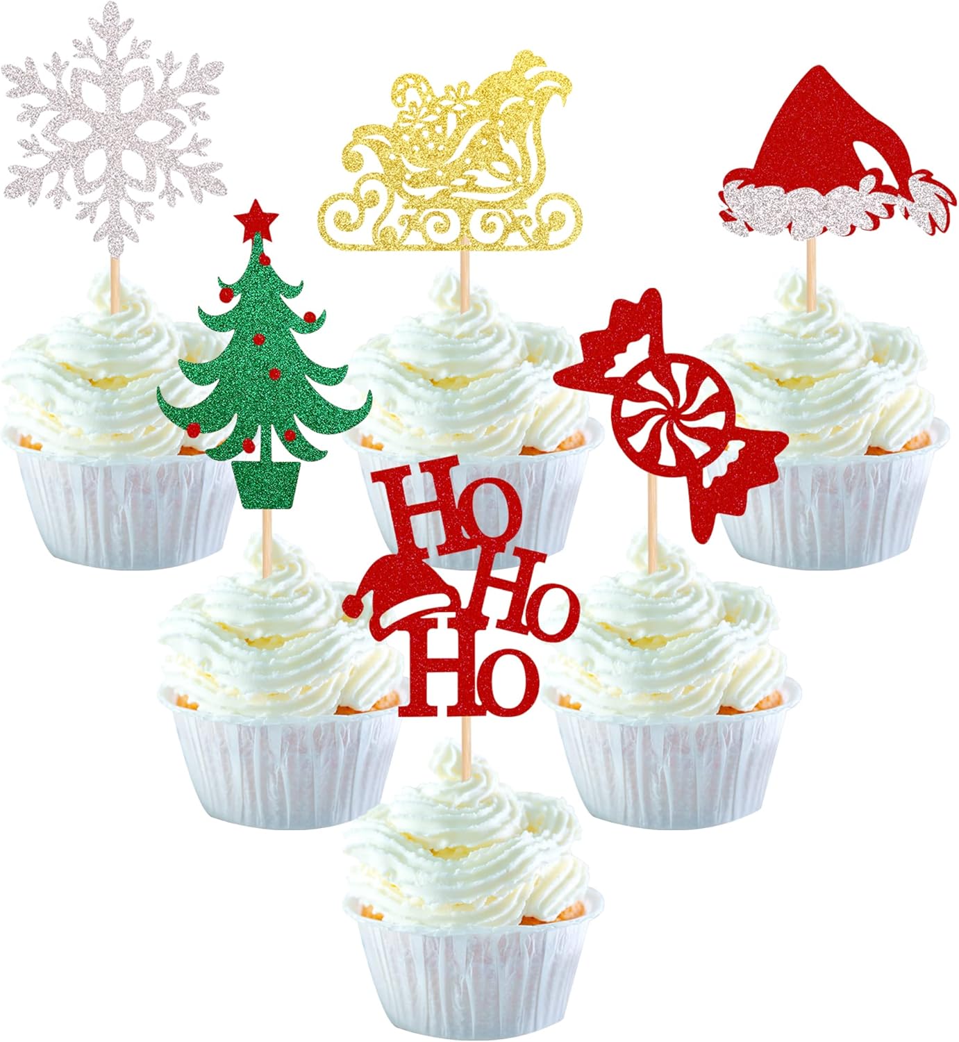 Amazon.com: 24 Pack Merry Christmas Cupcake Toppers Glitter Candy ...