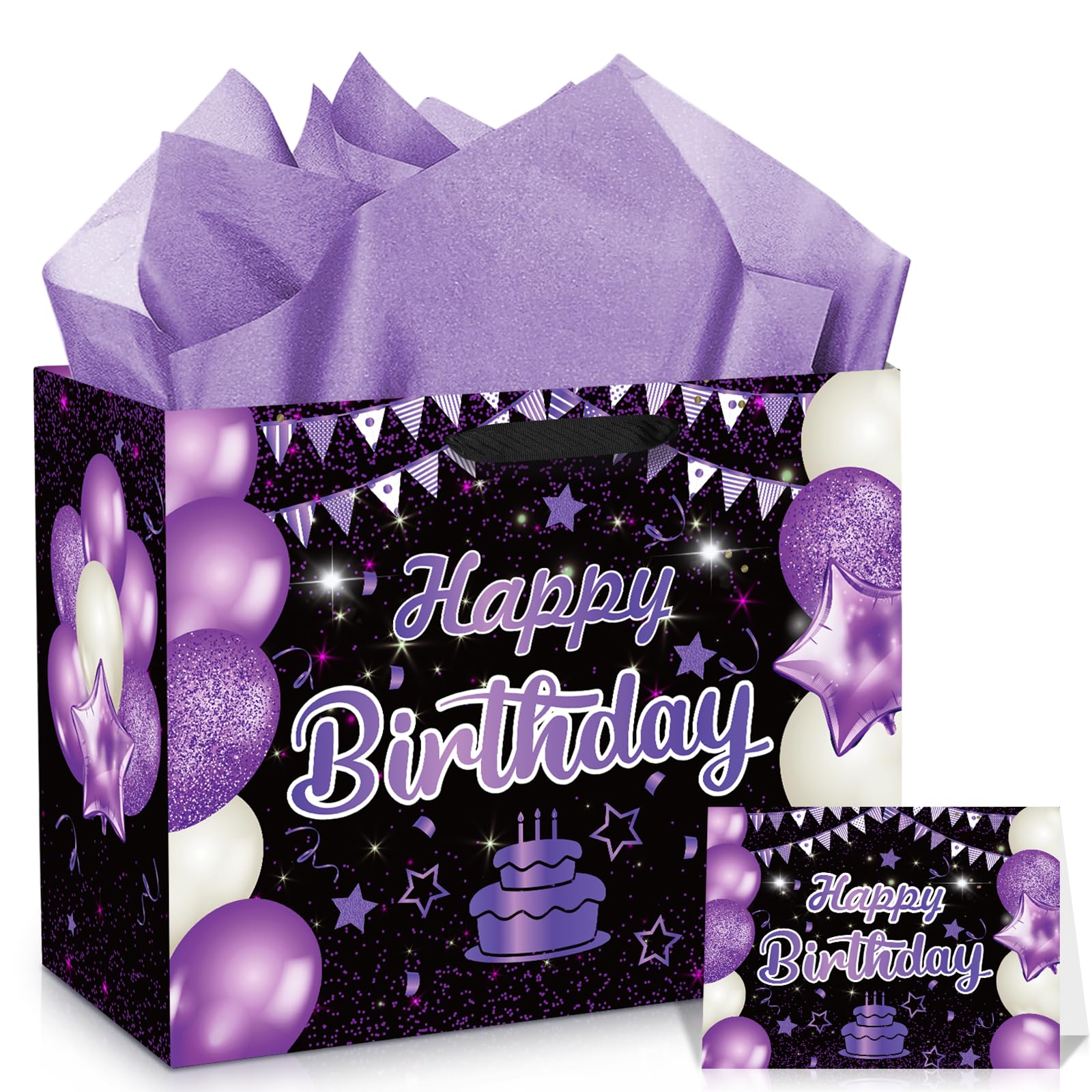 Amazon.com: Purple Birthday Gift Bag, Large Purple and Black Happy ...