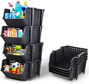 Skywin TidyFriend Plastic Stackable Storage Bins, 4 Pack Extra Large ...