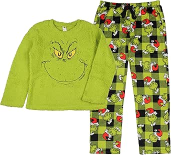 The Grinch Pajama Set Dr. Seuss Women's The Grinch Santa Fleece Buffalo Plaid Sleep Pajama 2 ...