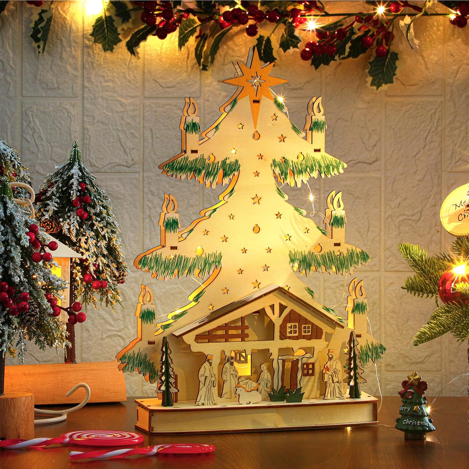 Amazon.com: Glooglitter Christmas Nativity Set Wooden Tree Scene Table ...