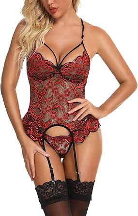 Aranmei Lencería sexy para mujer con liga y medias de encaje Babydoll Mini Teddy Body : Amazon ...