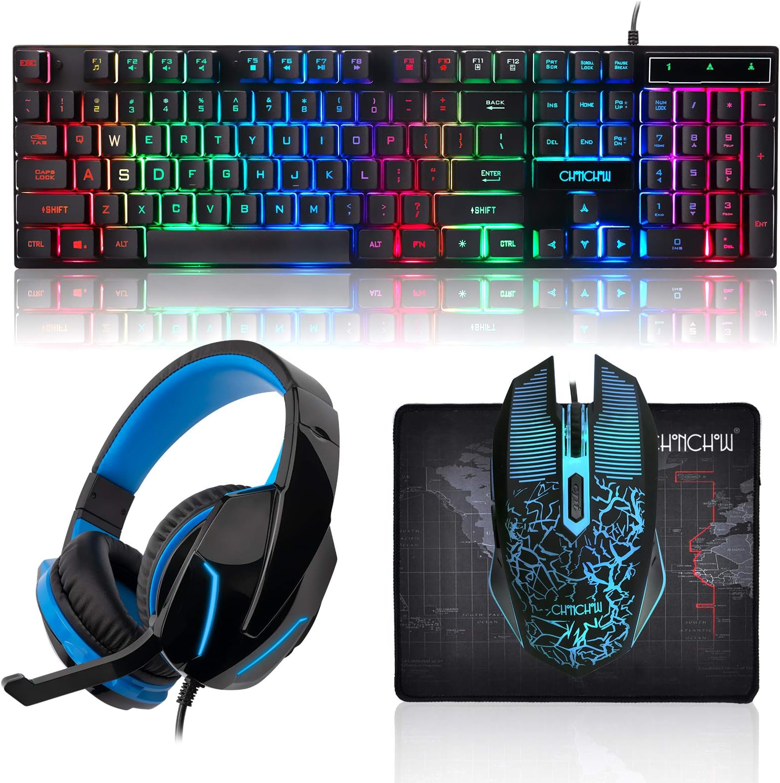 Gaming LED Keyboard Mouse Headset and Mousepad Bundle, CHONCHOW Wired ...