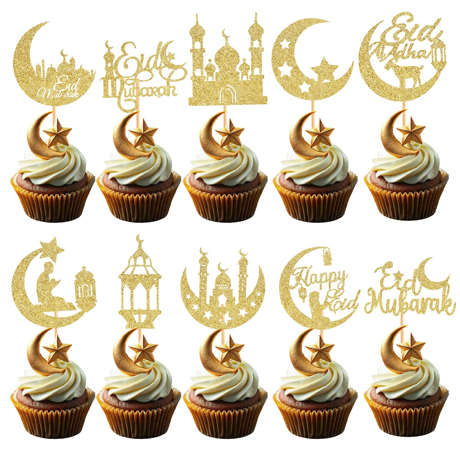 Amazon.com: 60 Pcs Eid Mubarak Cupcake Toppers,Glitter Moon Star ...