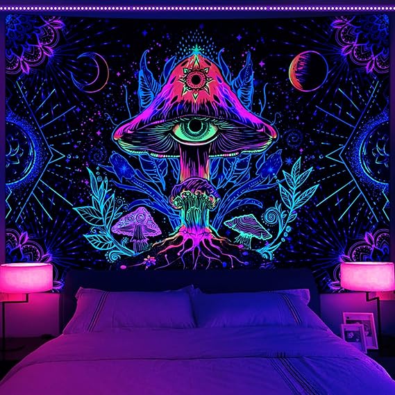 Amazon.com: Krelymics Blacklight Mushroom Tapestry UV Reactive Eye ...