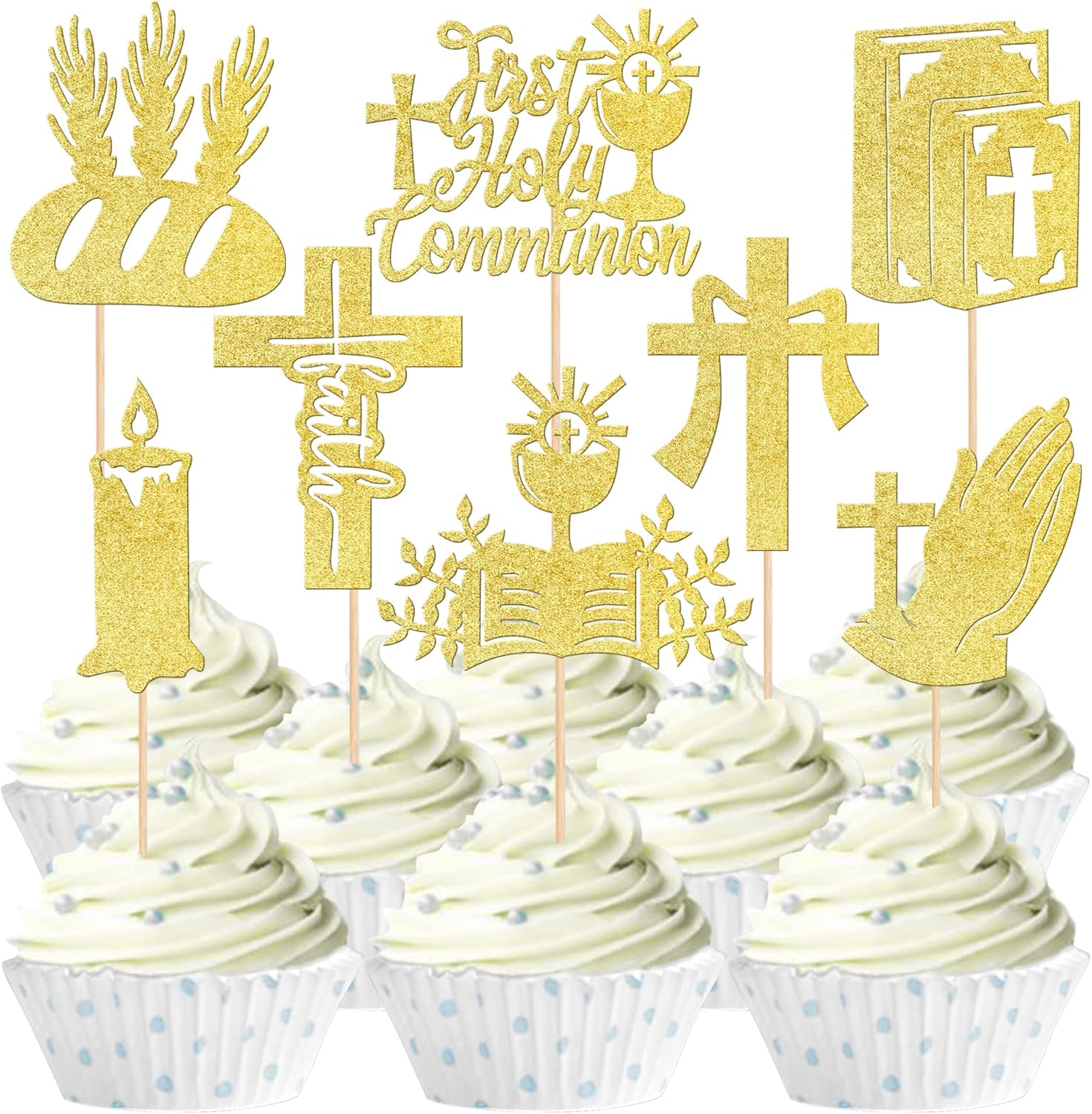 Amazon.com: 24 Pack First Holy Communion Cupcake Toppers Glitter Cross ...