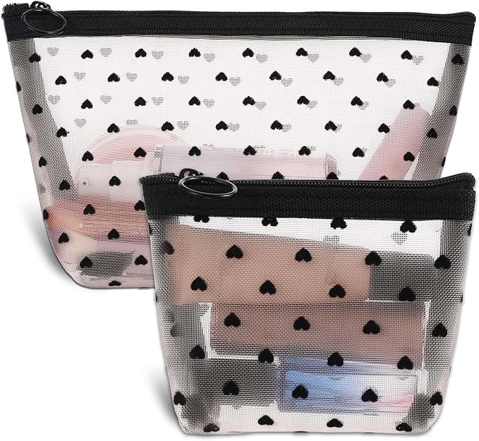 Amazon.com : Mini Cosmetic Bags, 2Pcs Heart Print Mini Zipper Mesh Bags ...