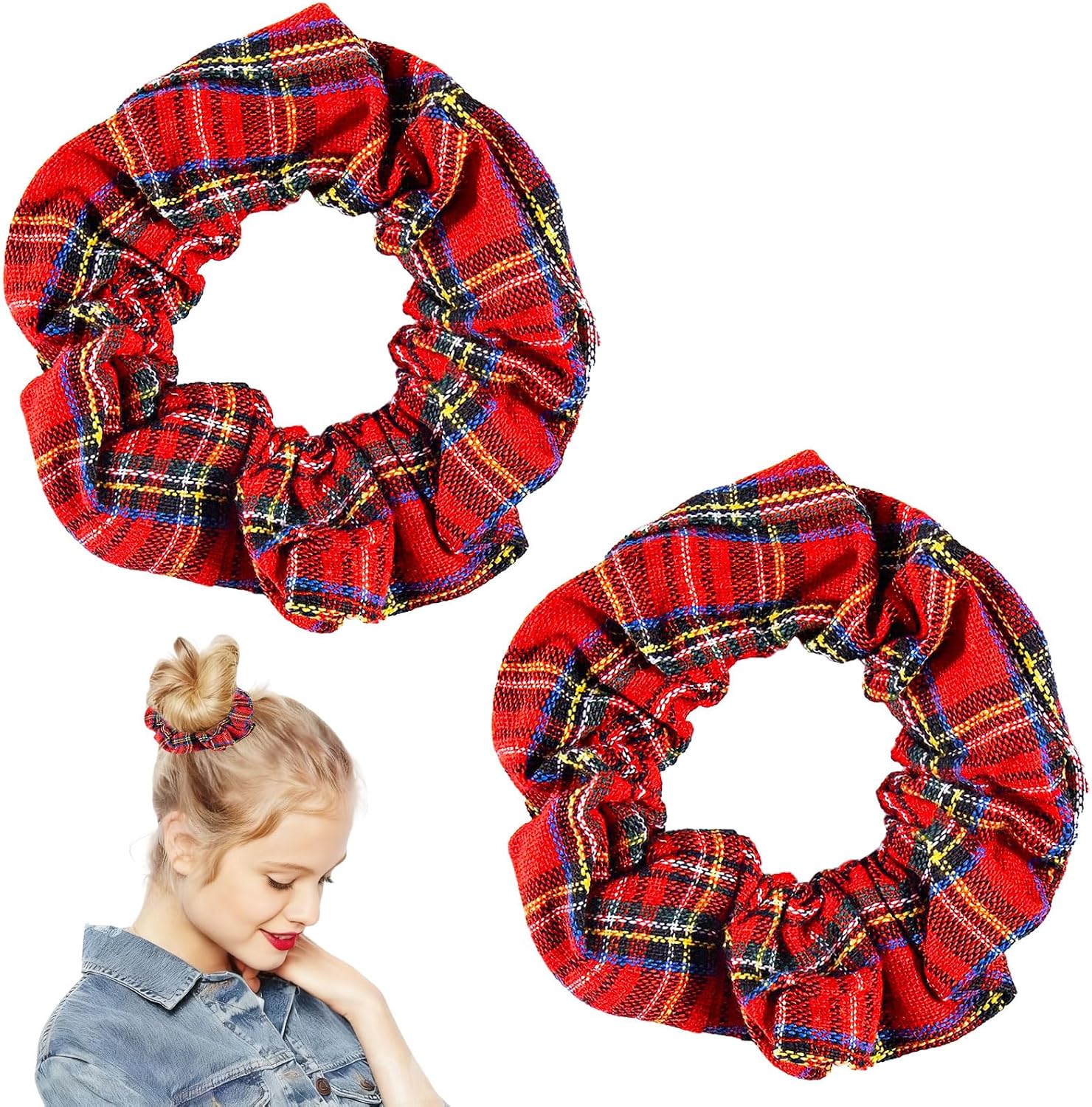 Red Tartan Scrunchies - 2 Pcs Hair Tie Rubber Elastic Band, Scottish ...