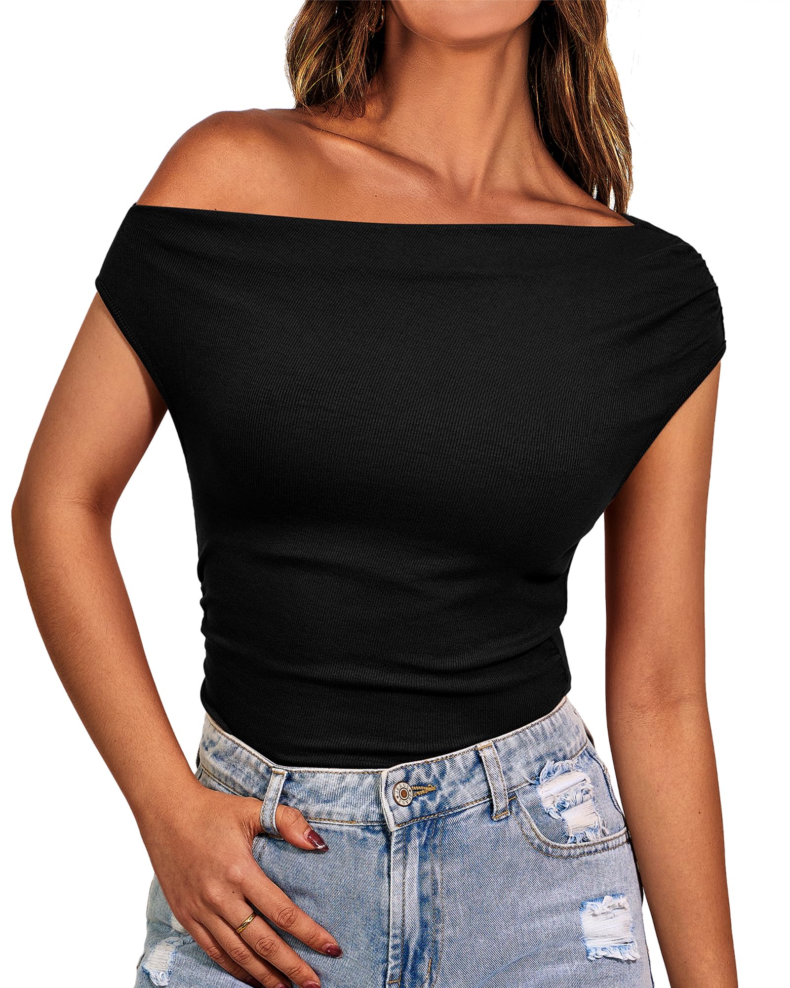 BTFBM Women Off The Shoulder Tops Casual Summer Boat Neck Sleeveless ...