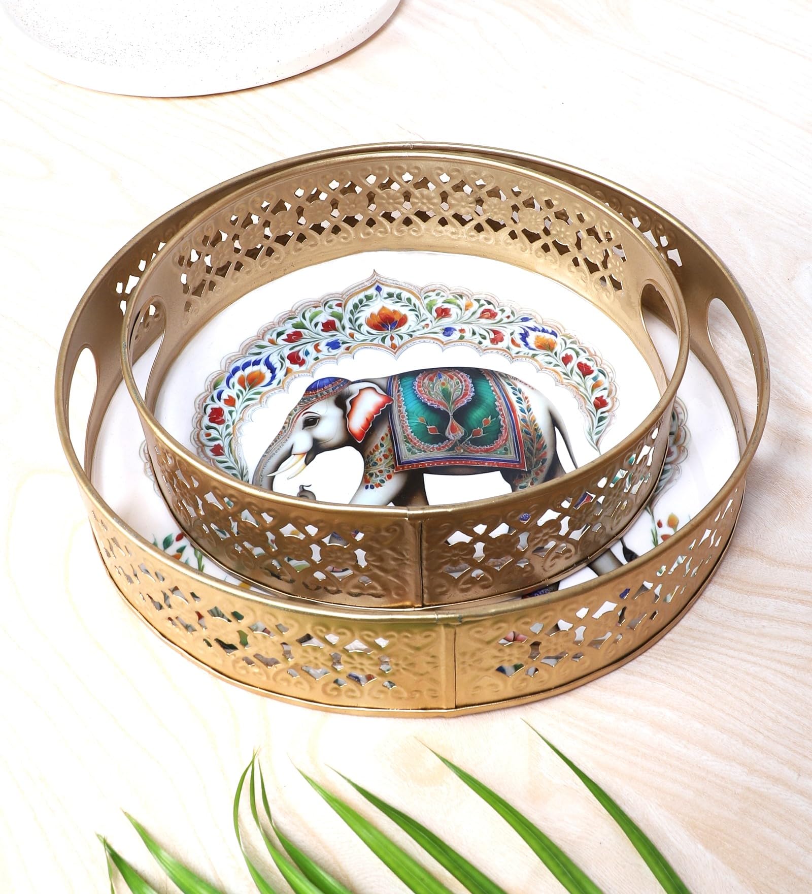 Two Moustaches Indian Elephant Design Serving Trays Set (8 Inches & 10 ...