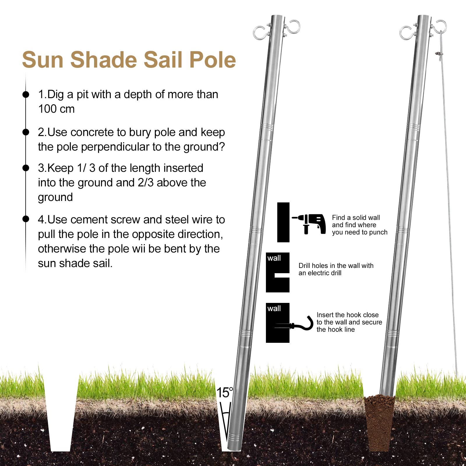 HOSKO Shade Sail Post, 9FT Heavy Duty Sun Shade Sail Pole Stainless ...