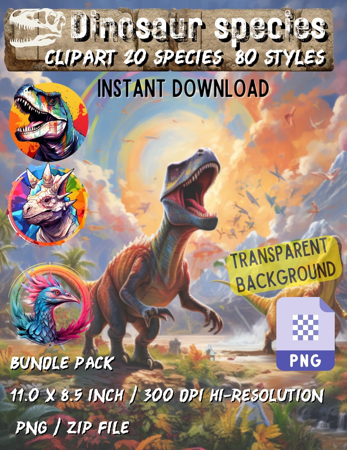 Amazon.com: Clipart Dinosaur 20 species 80 styles PNG file / Instant ...