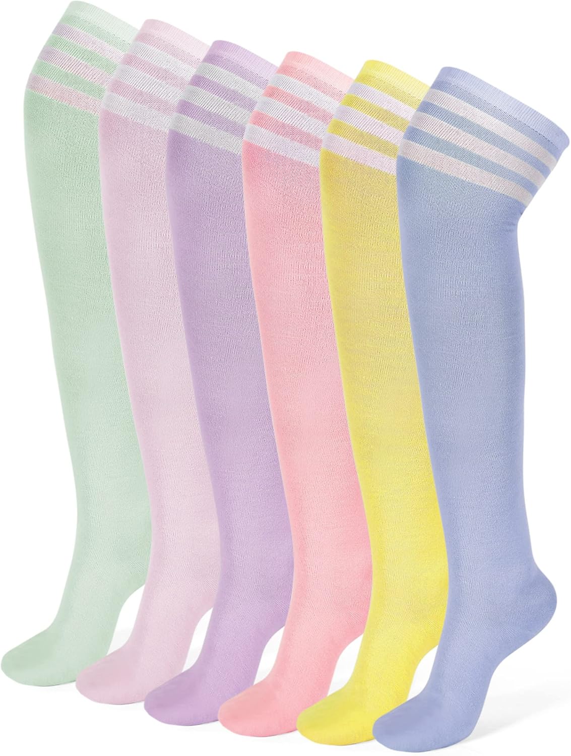 Tarpop 6 Pairs Pastel Thigh High Socks Striped Cotton Long Stocking ...