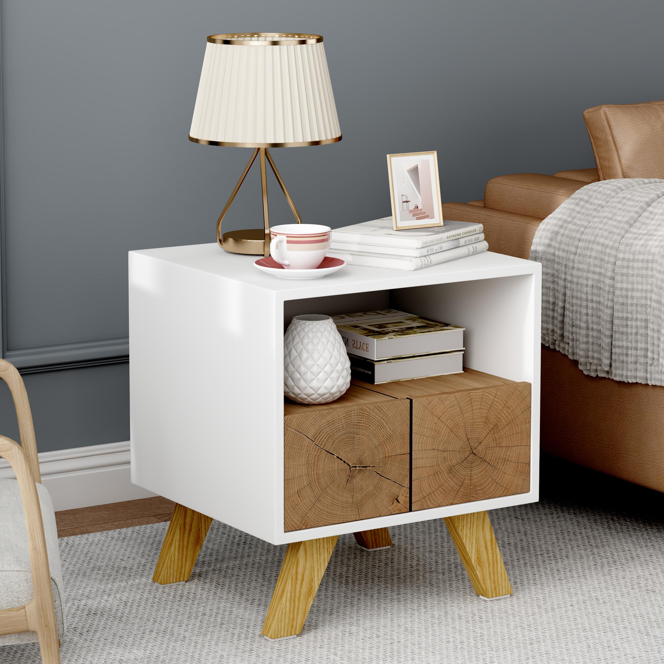 Amazon.com: ASYA End Table, 2 Tier Nightstand with Storage Shelf and Drawer, Mid Century Side ...