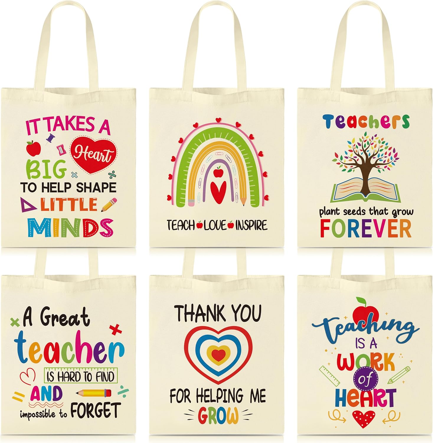Amazon.com: Y1tvei 6Pcs Teacher Canvas Tote Bags Bulk Rainbow Teacher Appreciation Week Funny ...