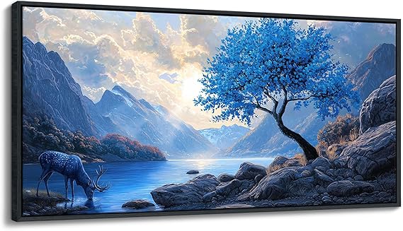 Amazon.com: HKDGOKA Blue Tree Landscape Wall Art - Mountain Lake Clouds ...