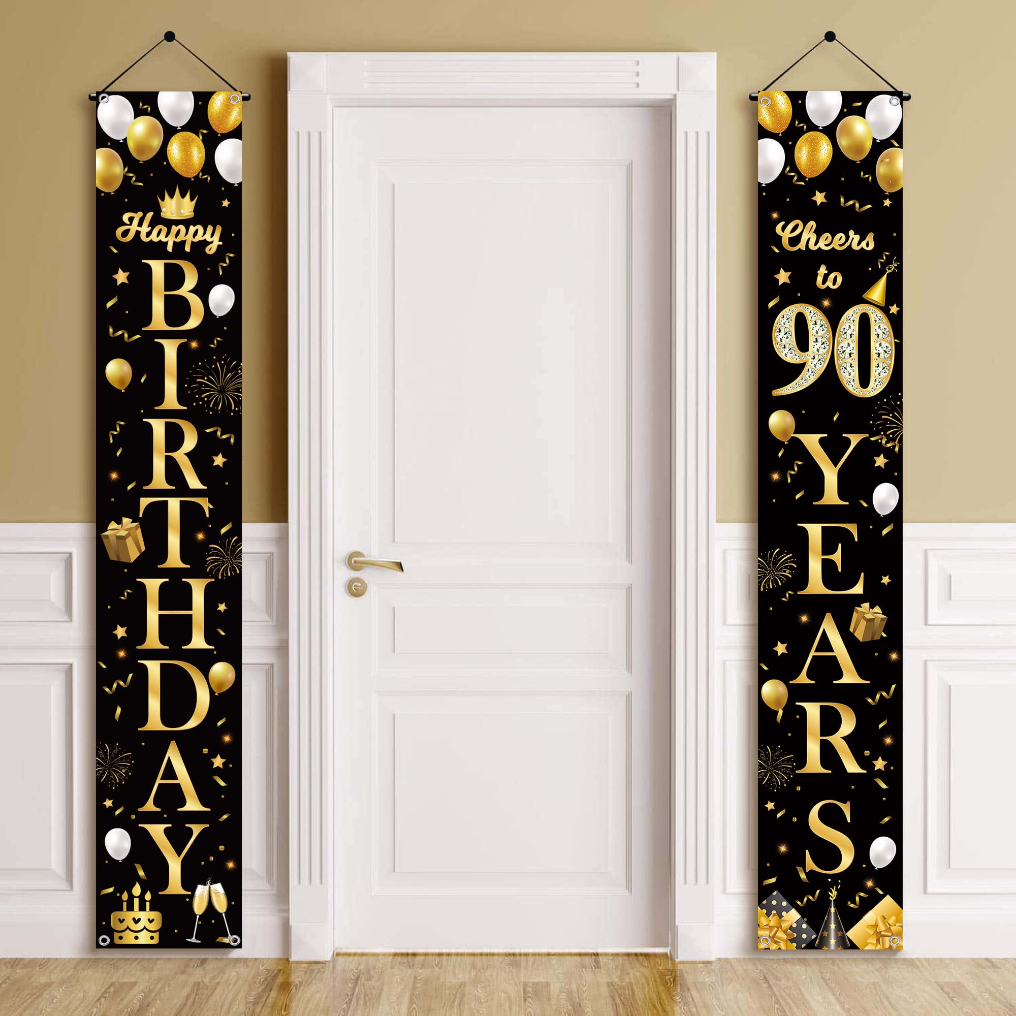90th Birthday Decorations Door Banner - Black Gold Happy 90th Birthday ...