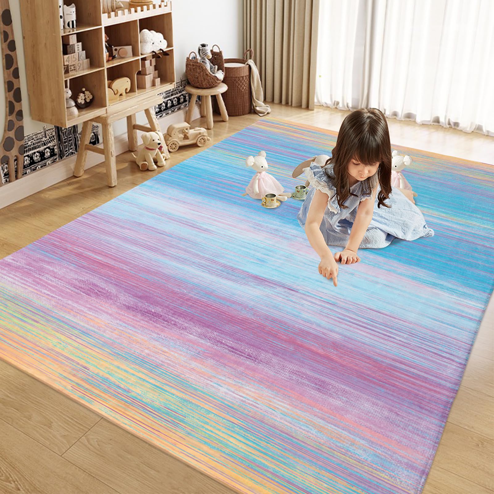 Amazon.com: USTIDE Rainbow Rug 5x7/55"x78" Colorful Kids Rug Blue Lines ...