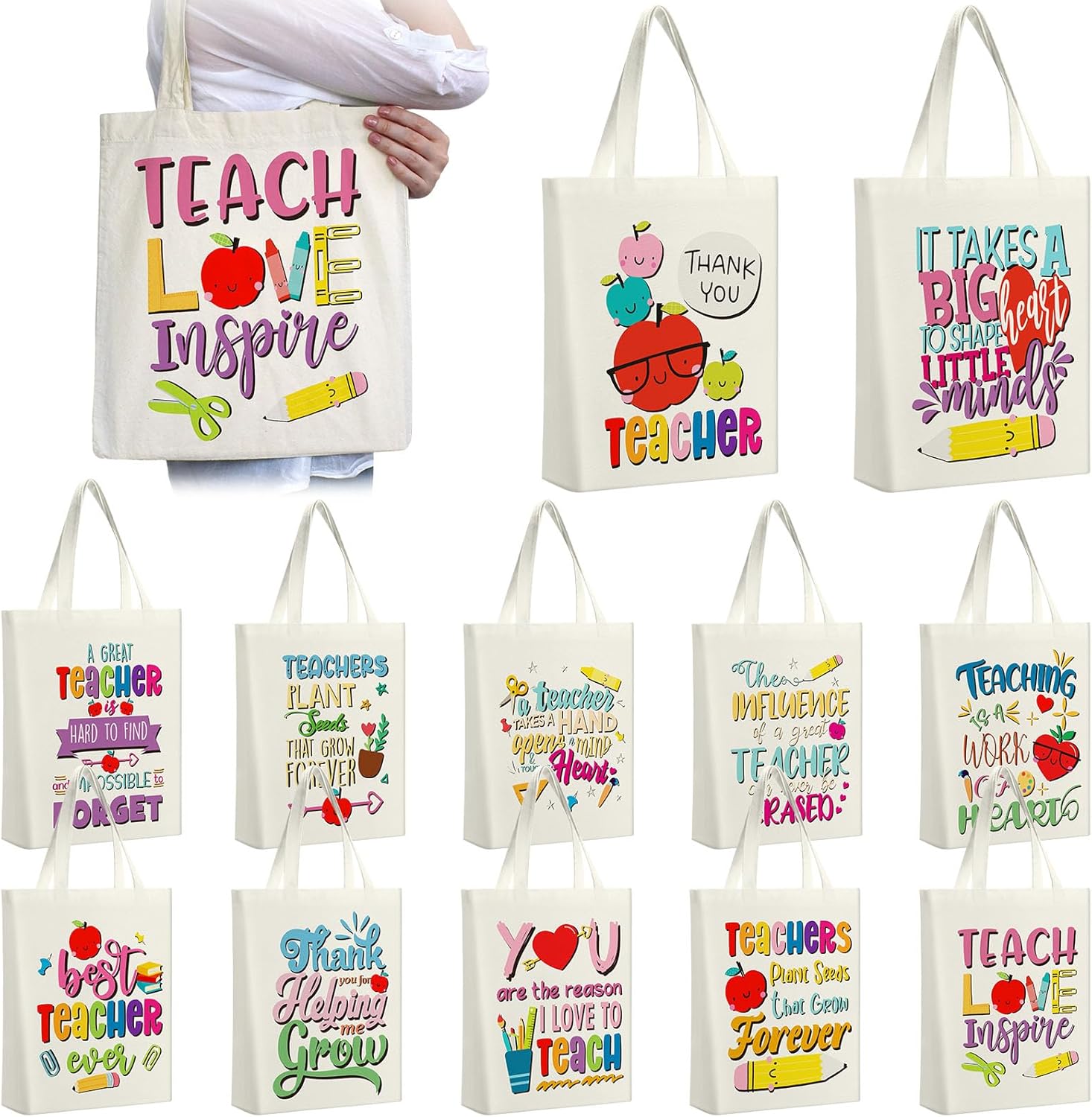 Amazon.com : Capoda 12 Pcs Teacher Canvas Tote Bags Large Teacher Appreciation Gifts Bags with ...
