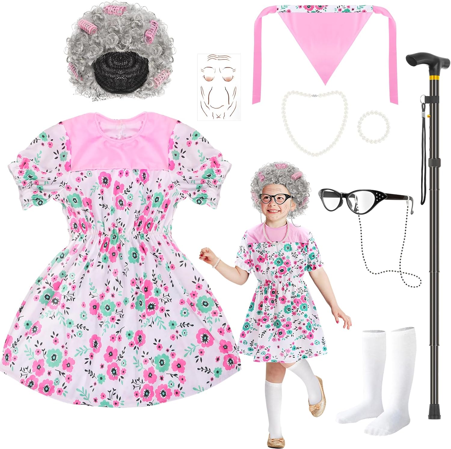 Amazon.com: HOMSHIAM 10PCS Set Old Lady Costume for Kids, 100th Days of ...