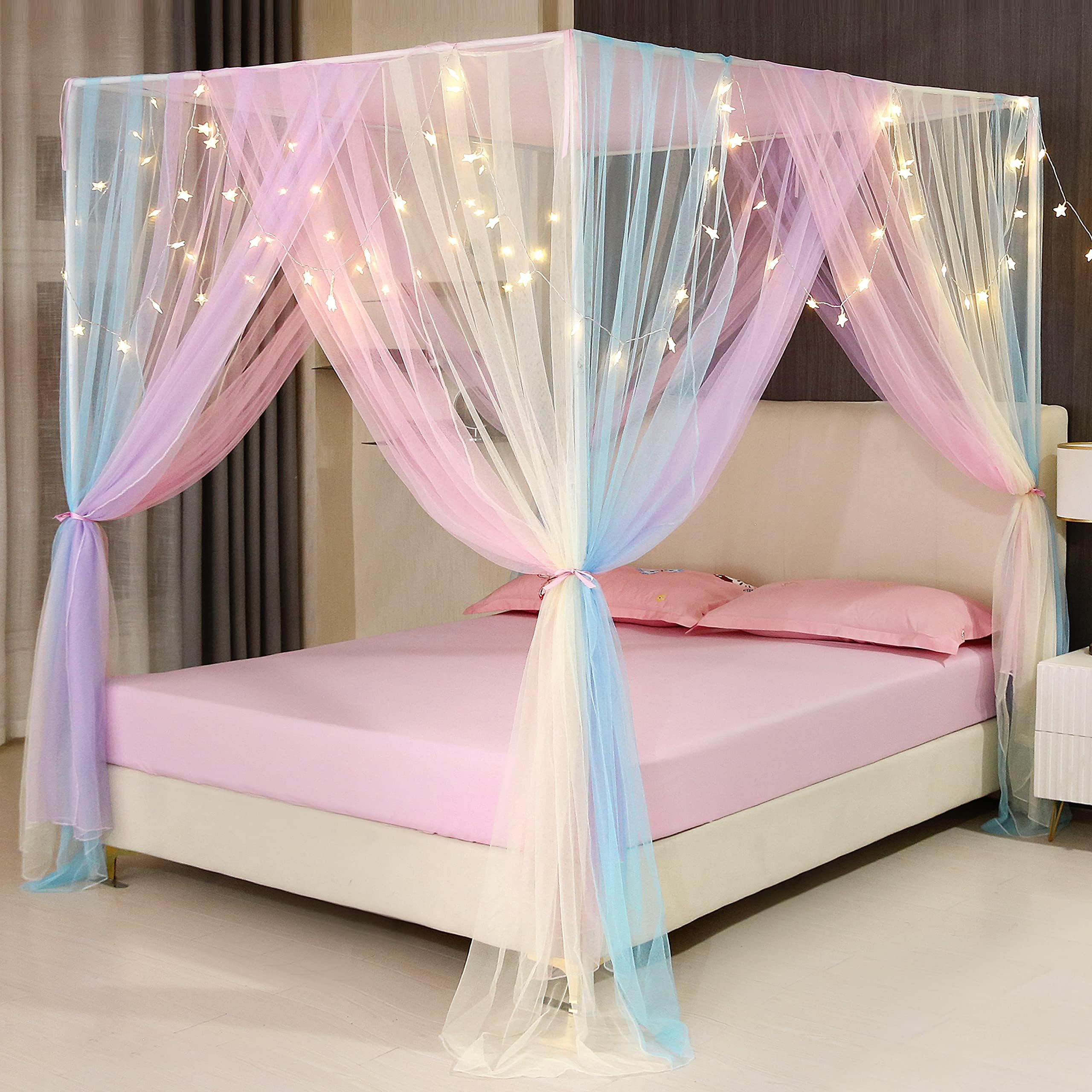 Amazon.com: Pink Bed Canopy with Lights for Girls, 8 Corners Post ...