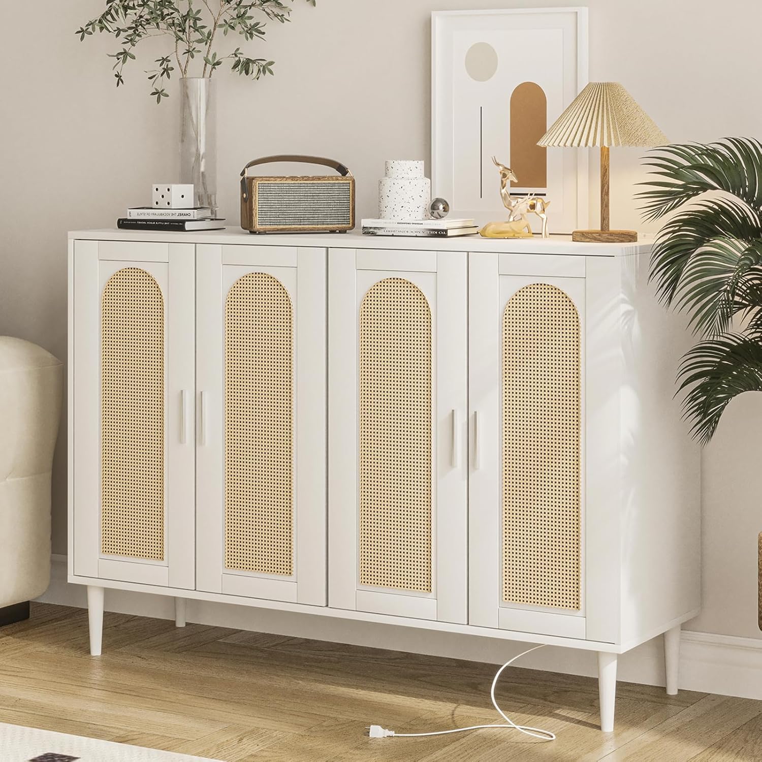 Amazon.com - White Rattan Sideboard Buffet Cabinet, 4 Doors Accent ...